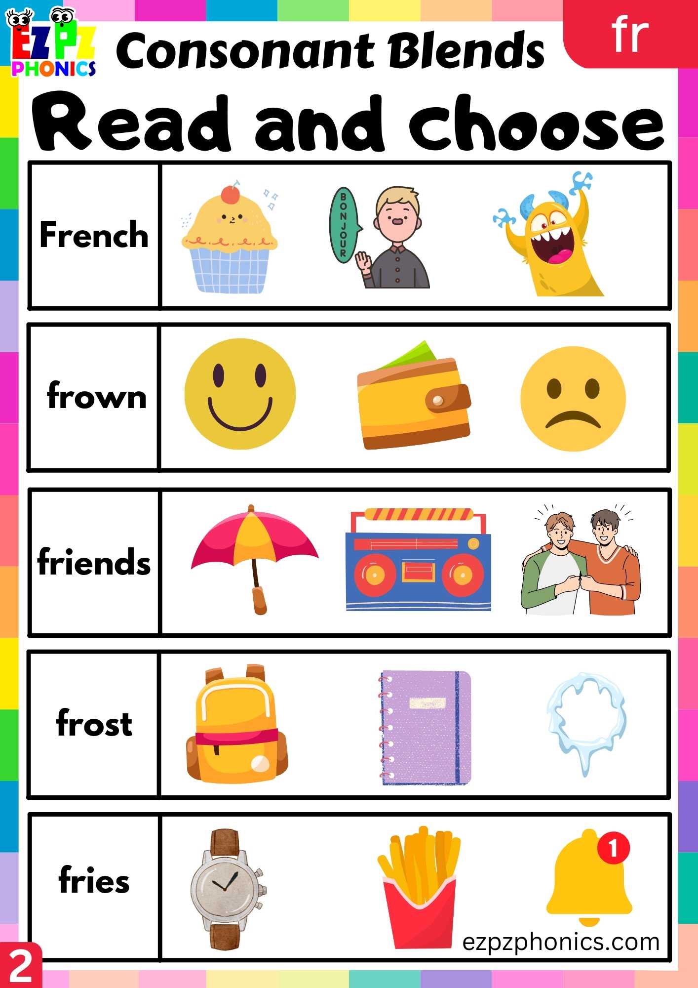 Group2 FR Words Read And Choose Phonics Consonant Blends Worksheet - ezpzphonics.com